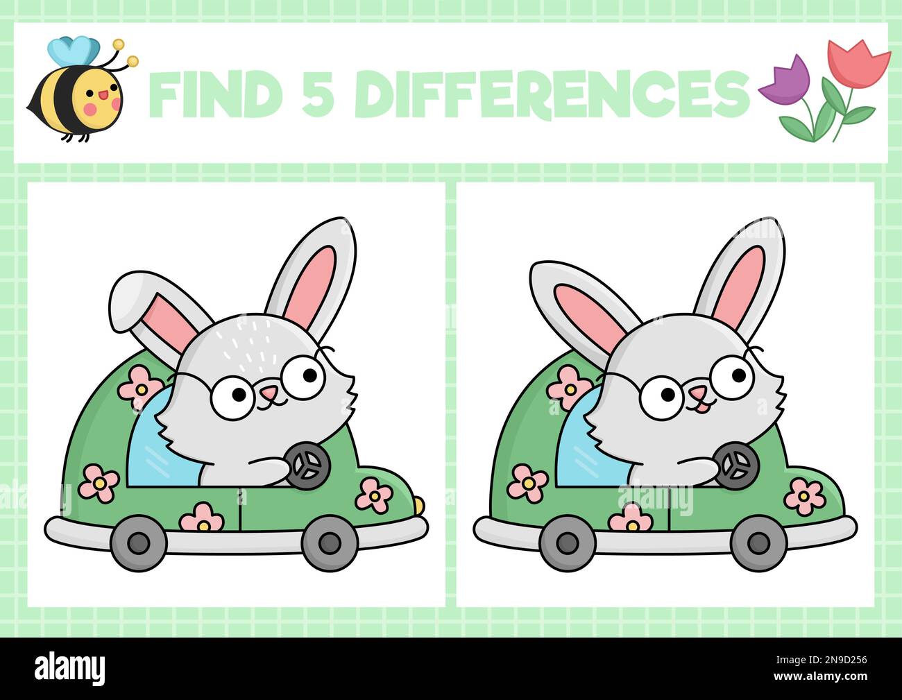 Easter kawaii find differences game for children. Attention skills activity with cute bunny ...