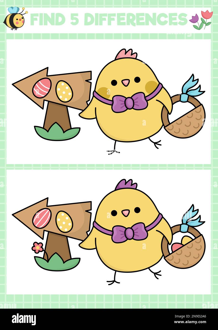 Easter kawaii find differences game for children. Attention skills activity with cute chicken ...