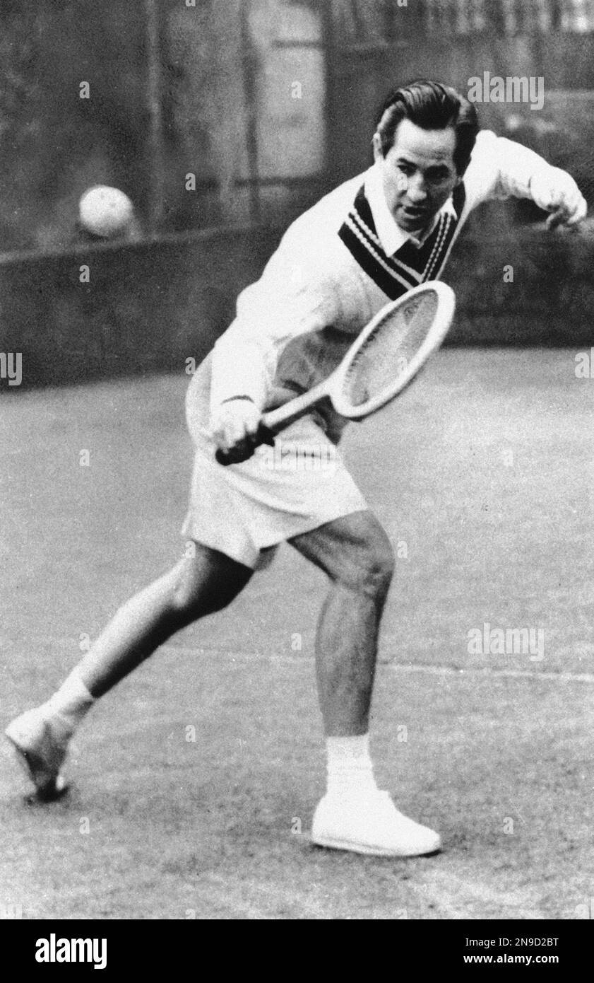 Bobby Riggs practices at Wembley, England, 1947. (AP Photo Stock Photo ...