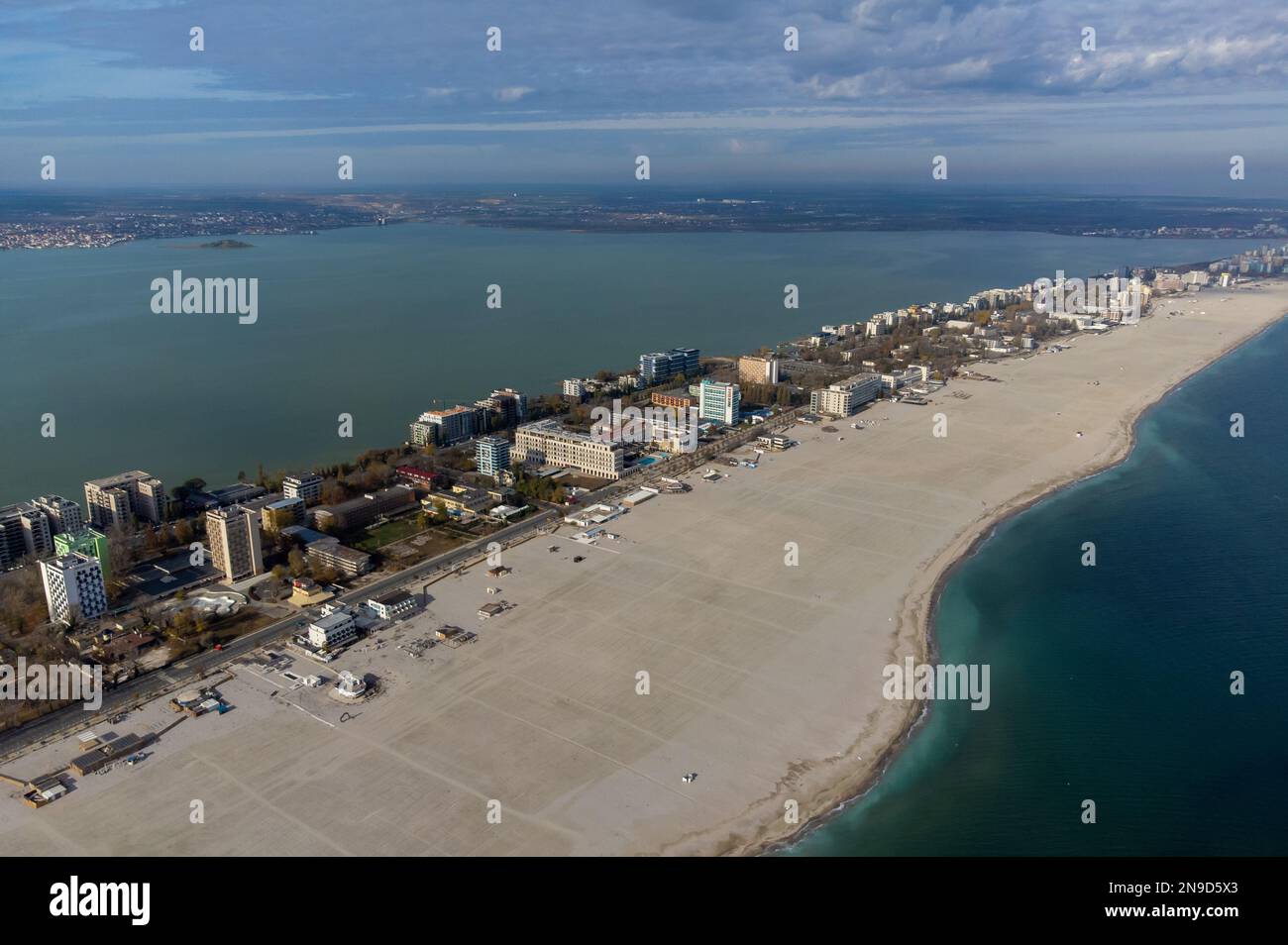 Aerial view of the Mamaia resort in Romania with hotels on the coast ...