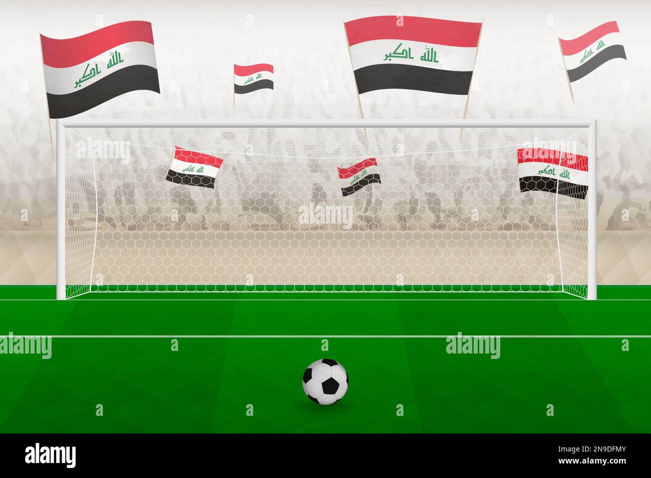Iraq football team fans with flags of Iraq cheering on stadium, penalty ...