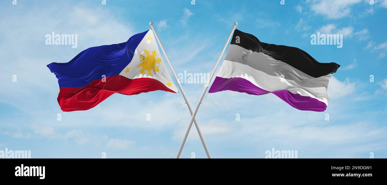 two crossed flags asexuality Pride and Philippines waving in wind at ...