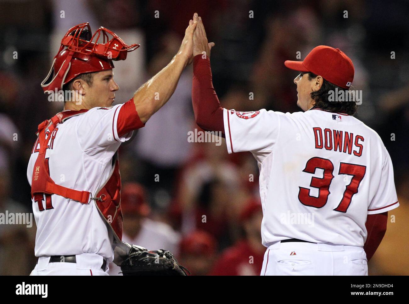 Los Angeles Angels reliever Scott Downs and catcher John Hester ...