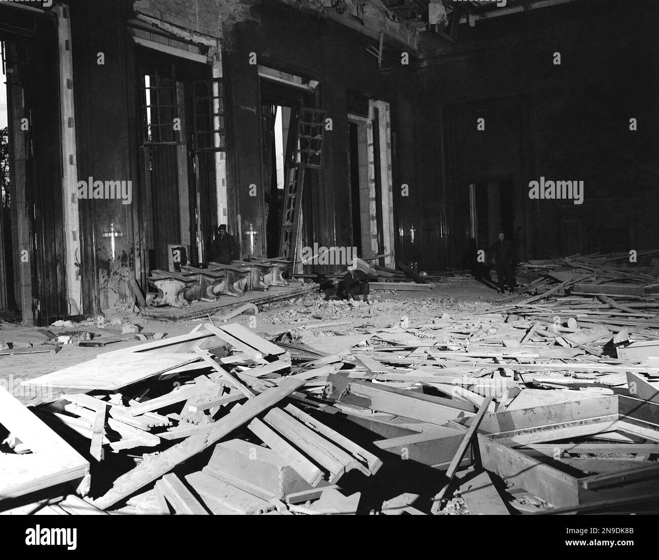 The shattered private office of Adolf Hitler in the chancellery, Berlin ...
