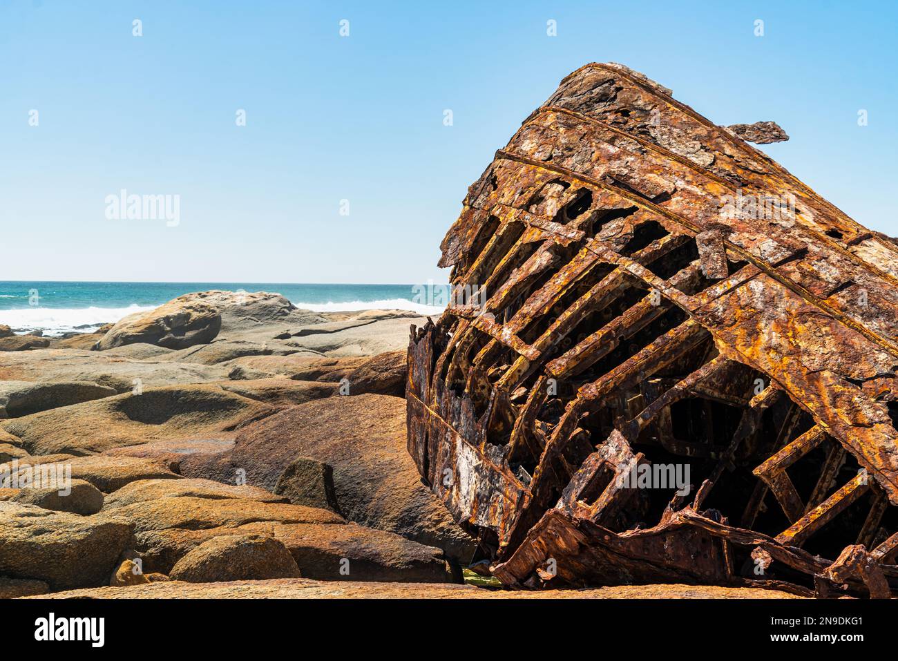 The wreck of the Aristea lies on the rocks on the Atlantic Ocean coast ...