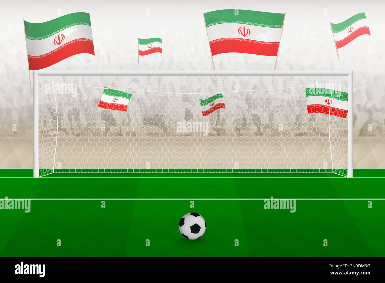 Iran football team fans with flags of Iran cheering on stadium, penalty ...