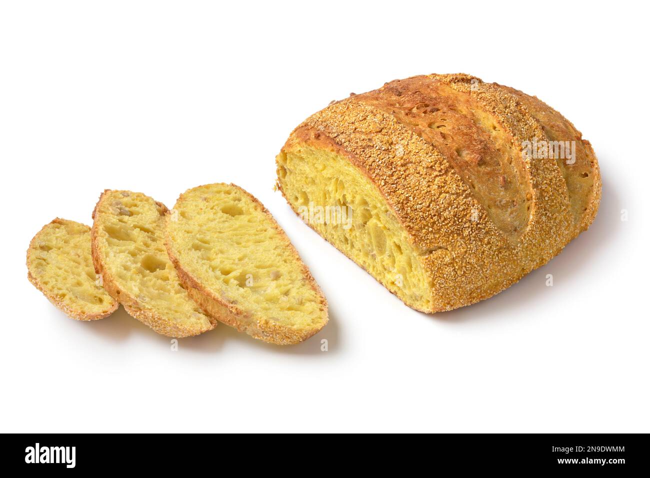 Fresh baked corn bread loaf and slices isolated on white background ...