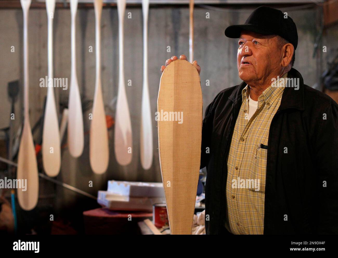 In this photo made April 2, 2012, paddle maker David Sockabasin, a ...