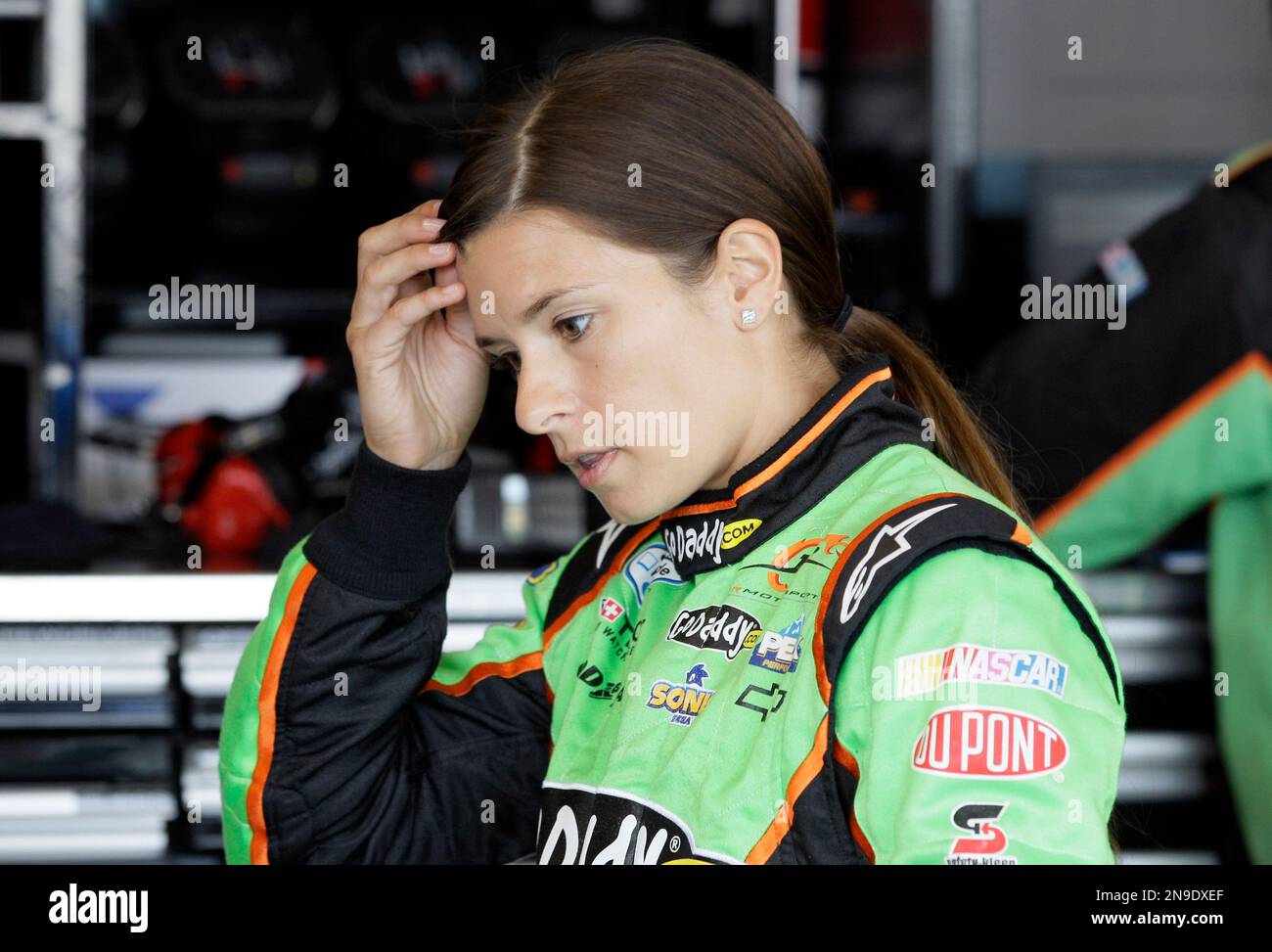 Danica Patrick checks her hair during practice for Sunday's NASCAR ...