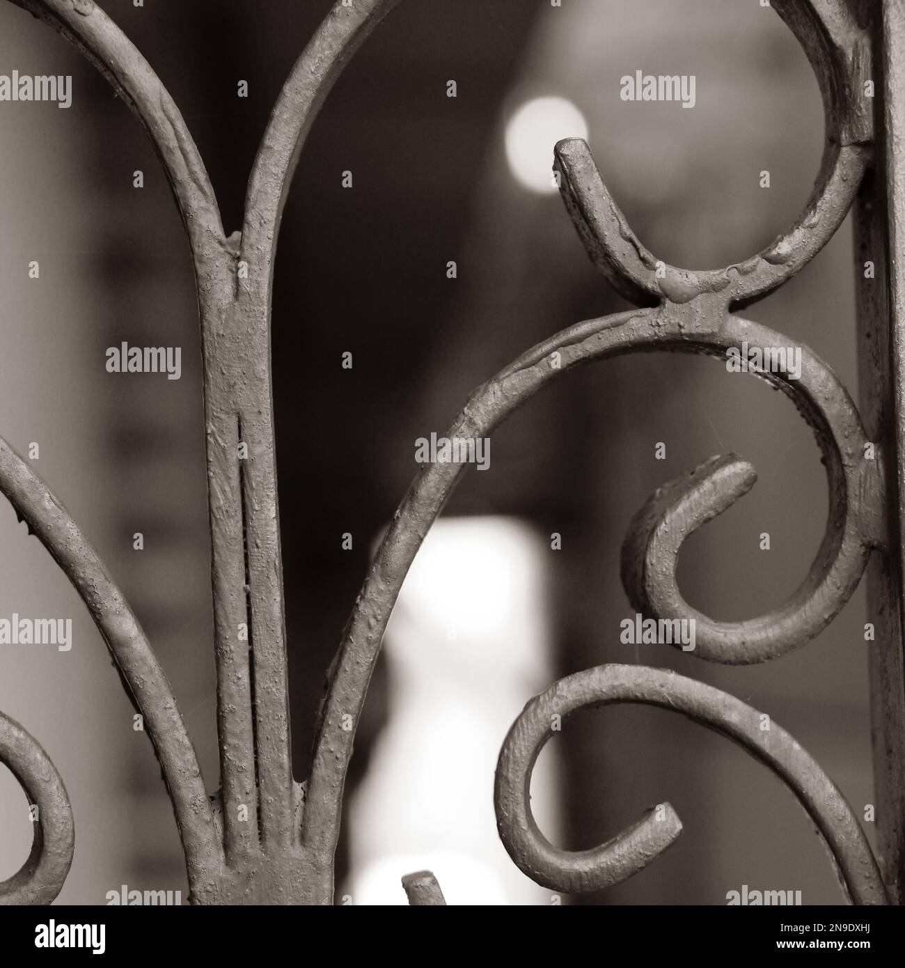 A grayscale closeup shot of details on a curved gate design Stock Photo ...