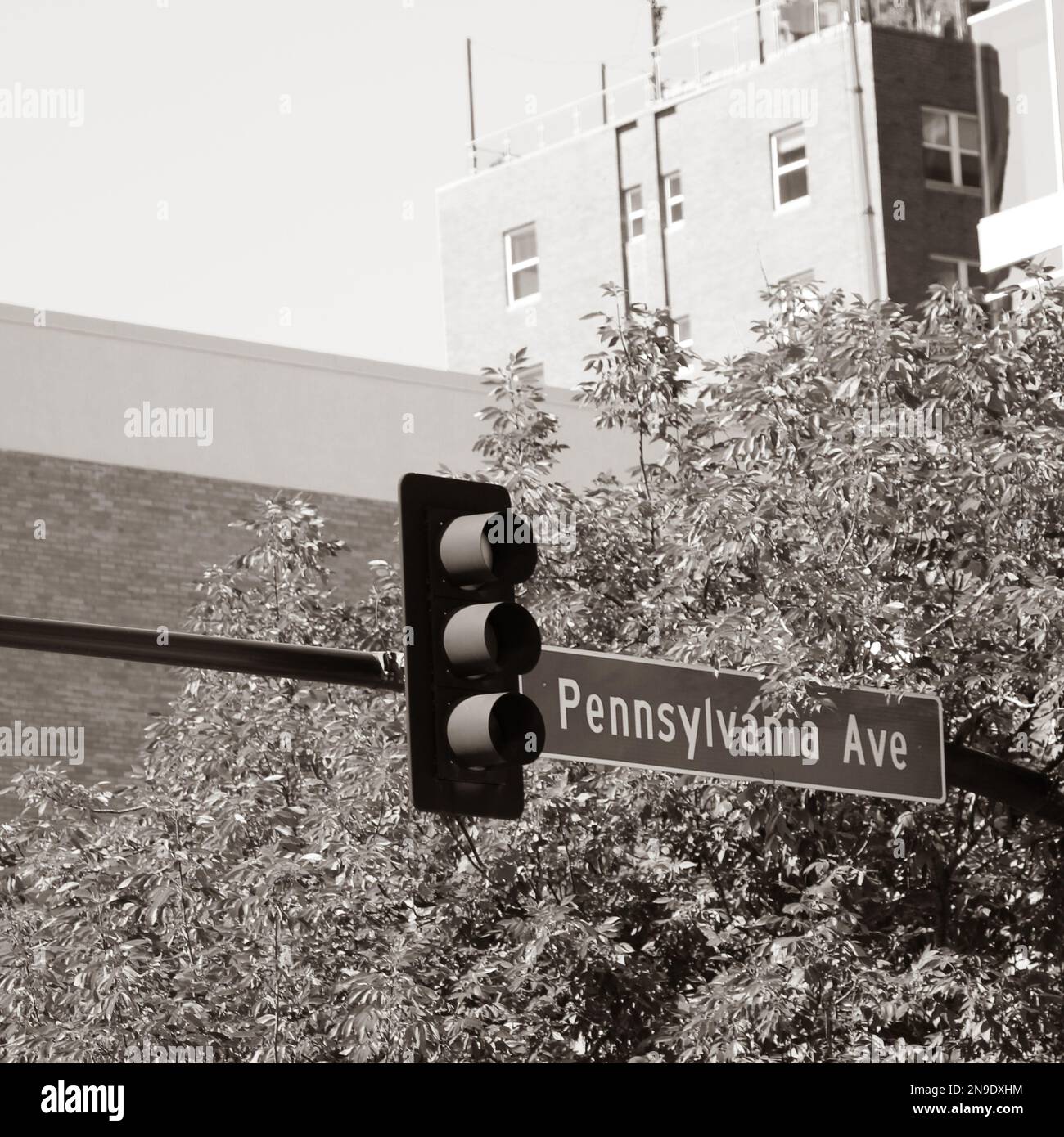 A grayscale shot of a pole with a traffic light and a Pennsylvania Ave ...