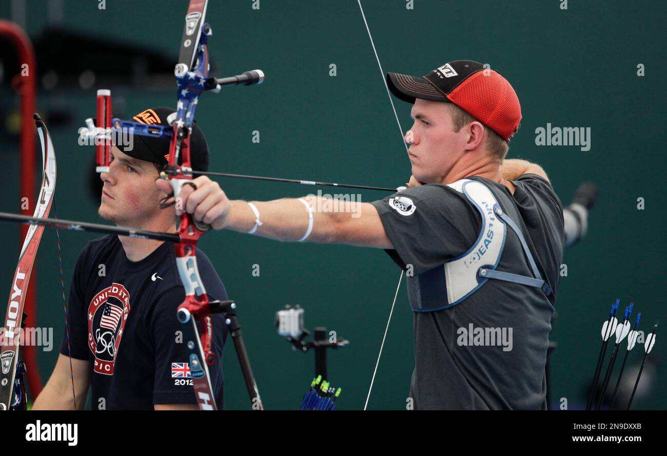 U.S. Olympic archers Jacob Wukie, right, and Jake Kaminski, left, train ...
