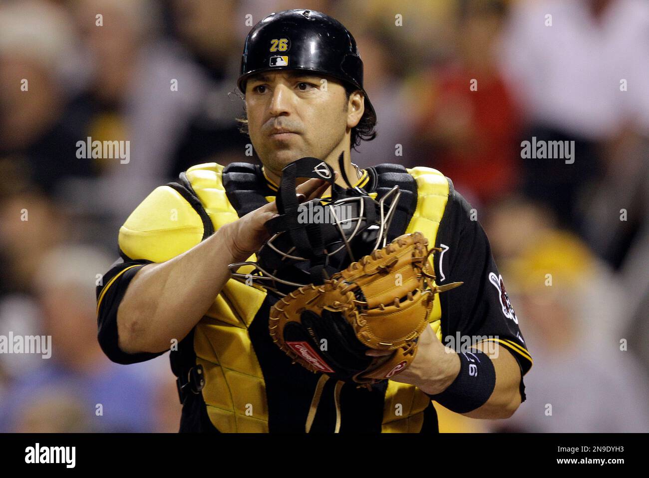 Pittsburgh Pirates catcher Rod Barajas looks for the sign from the ...