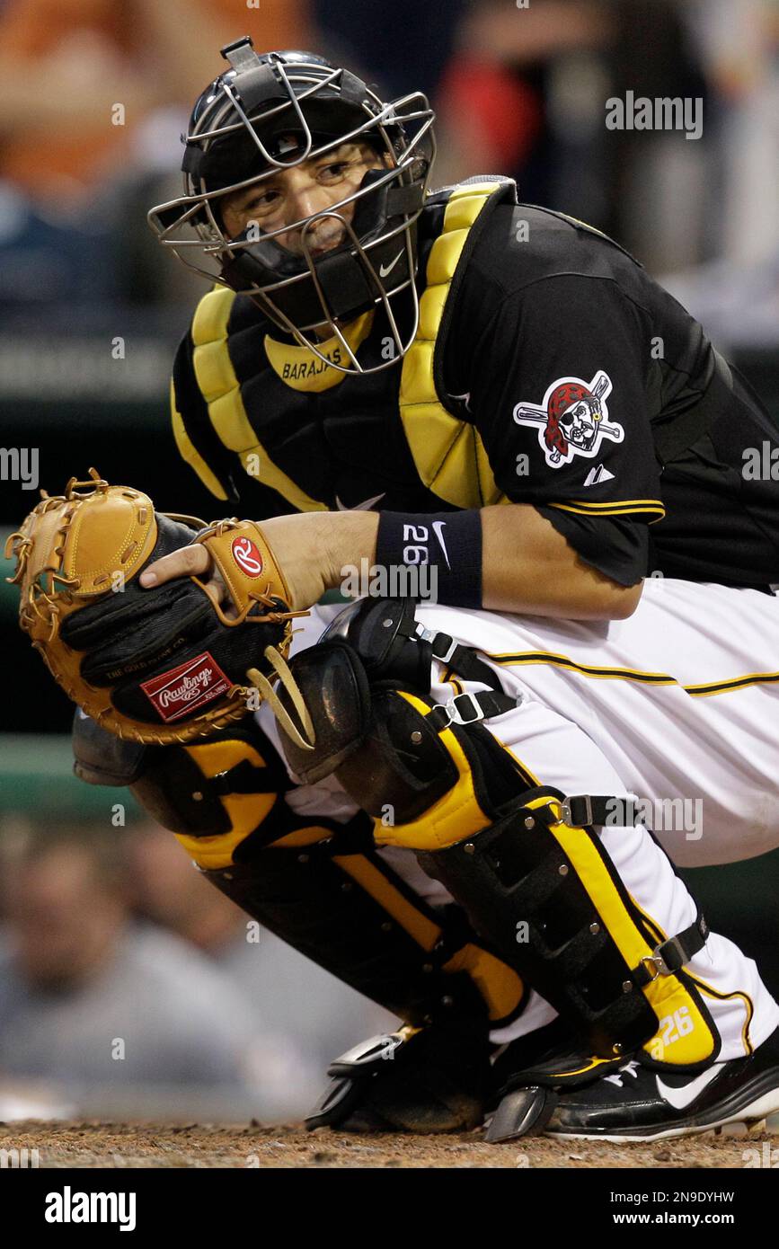Pittsburgh Pirates catcher Rod Barajas looks for the sign from the ...
