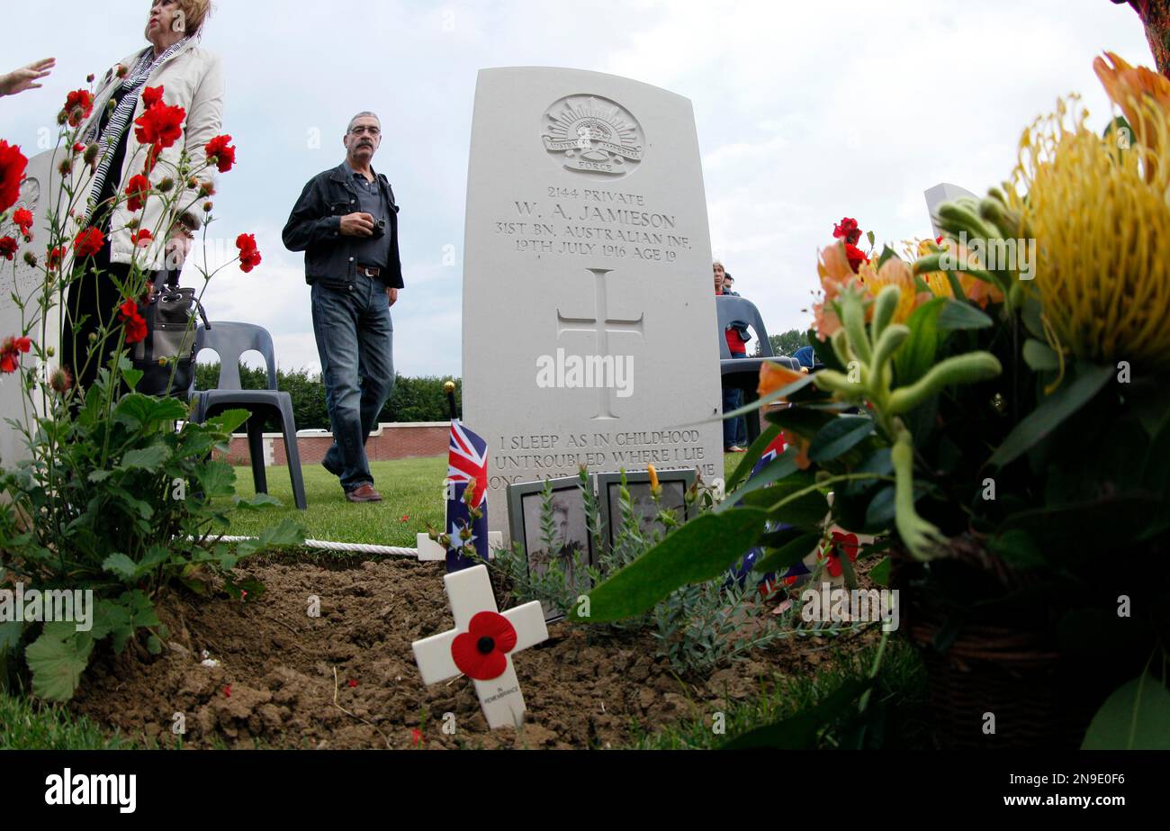The grave of Private William Alexander Jamieson during the re-burial ceremony for nine ...