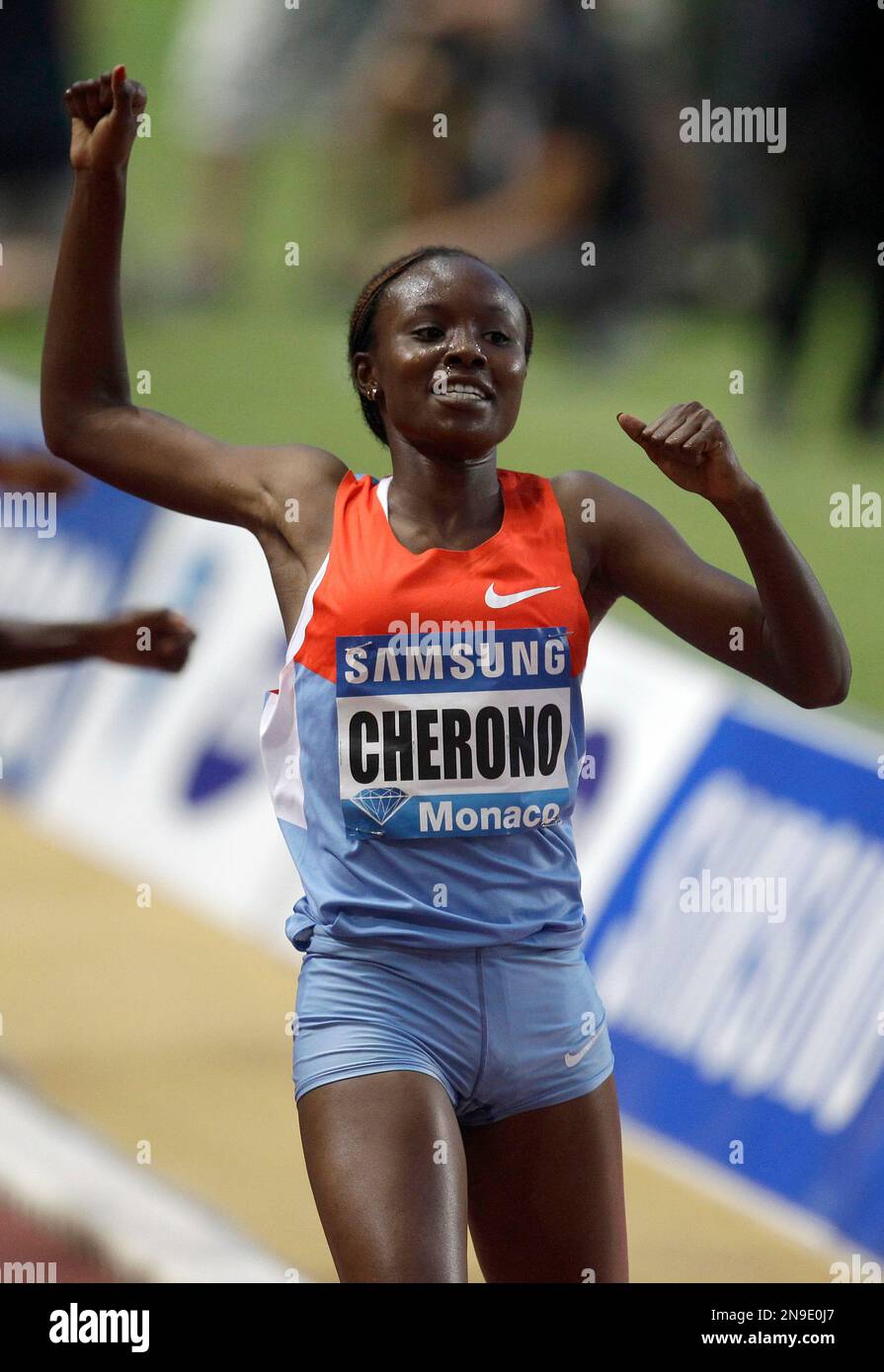 Mercy Cherono of Kenya wins the 3000m women race at the Herculis International Athletics Meeting ...