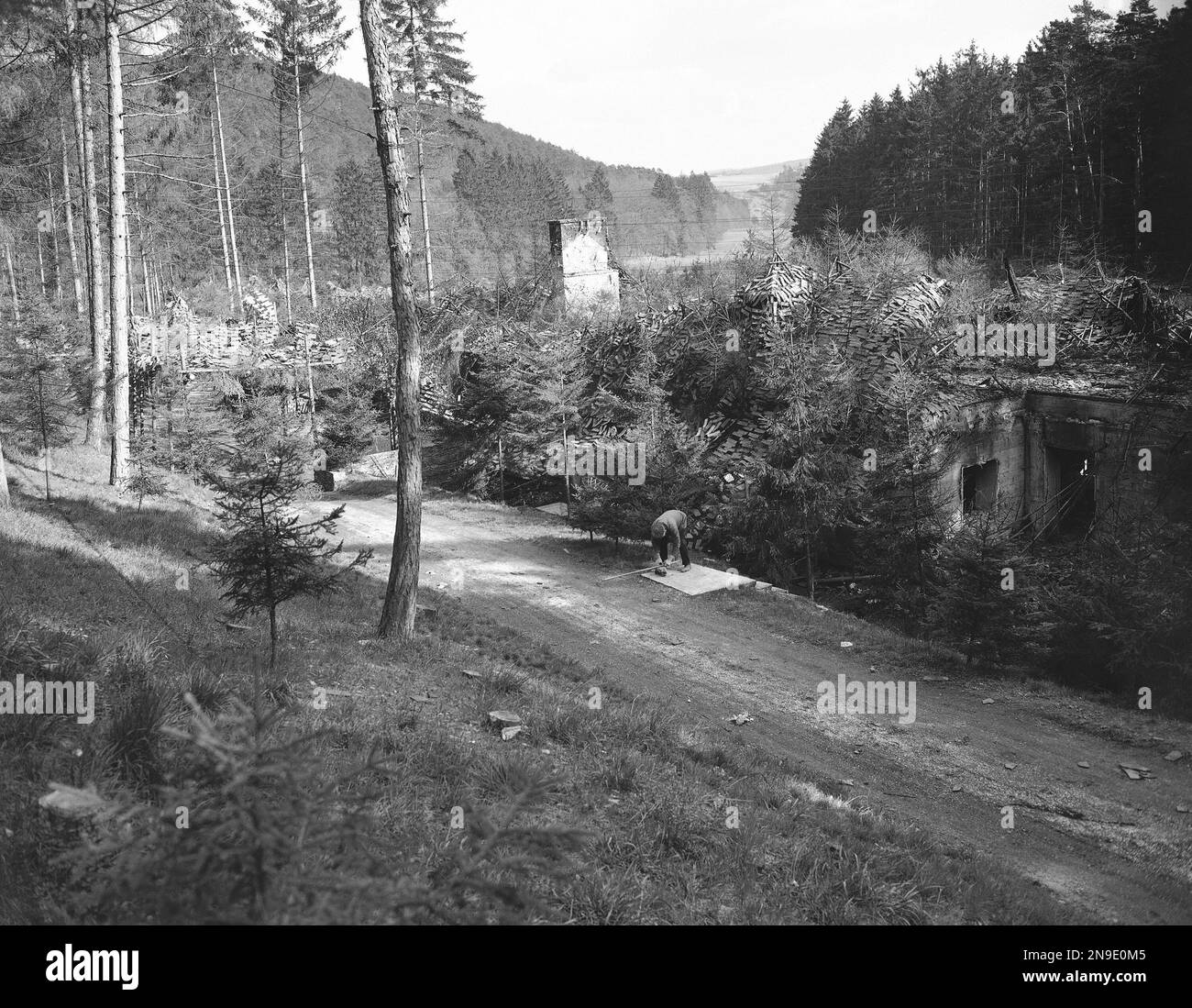 A view showing effect of camouflage on one of the larger buildings of ...