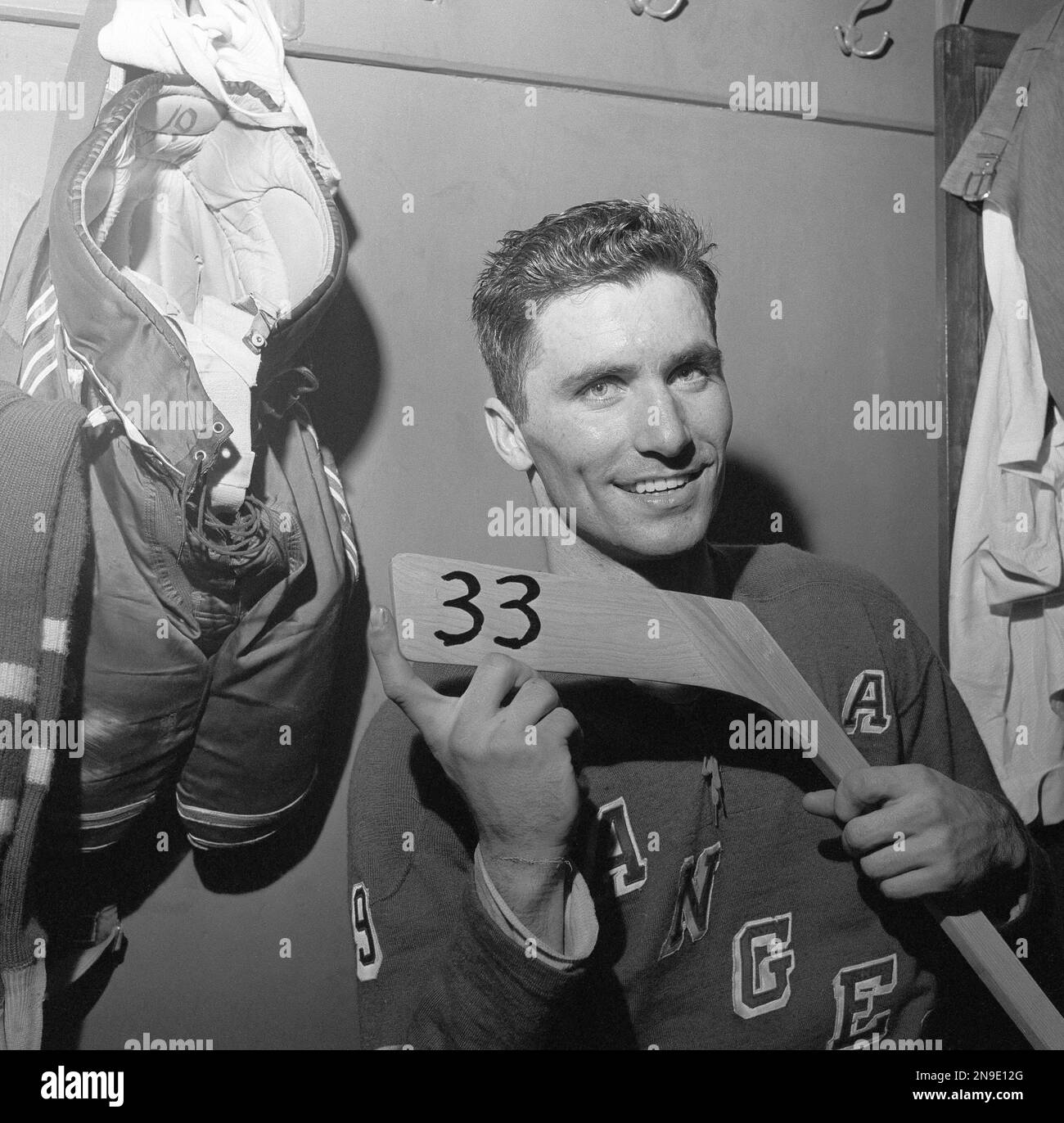 Andy Bathgate poses with his hockey stick after scoring his 3rd goal of ...