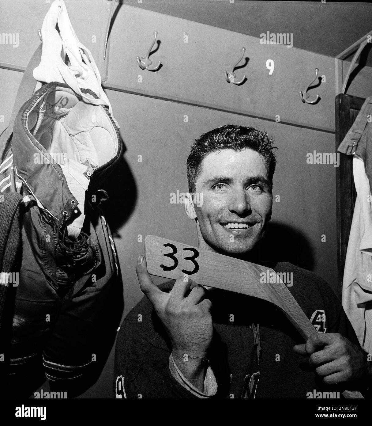 Andy Bathgate poses with his hockey stick after scoring his 3rd goal of ...