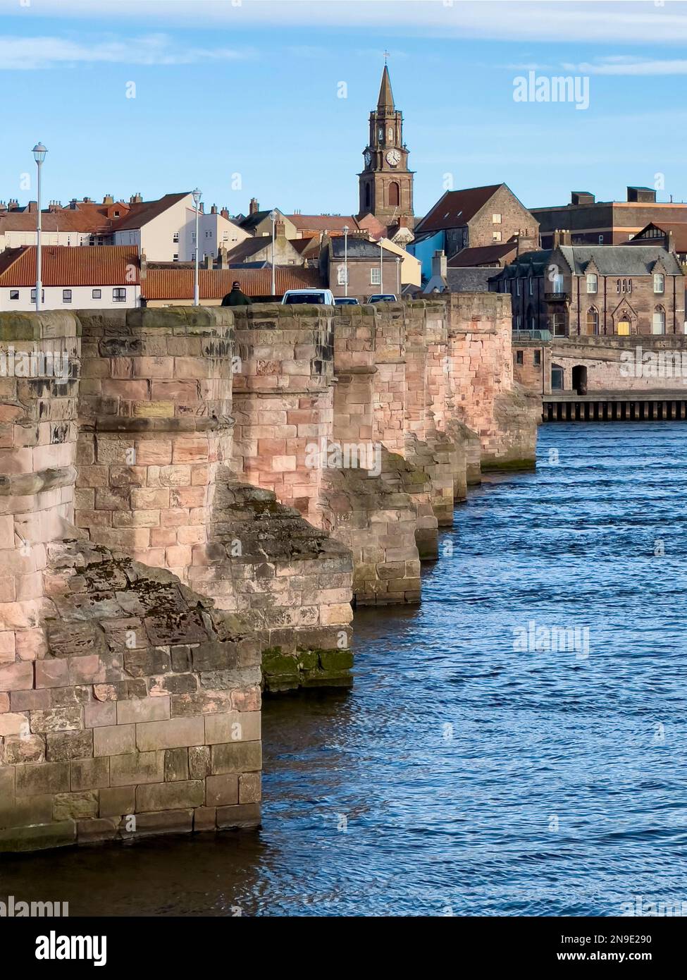Historic Berwick Stone Bridge over the River Tweed to the border town ...