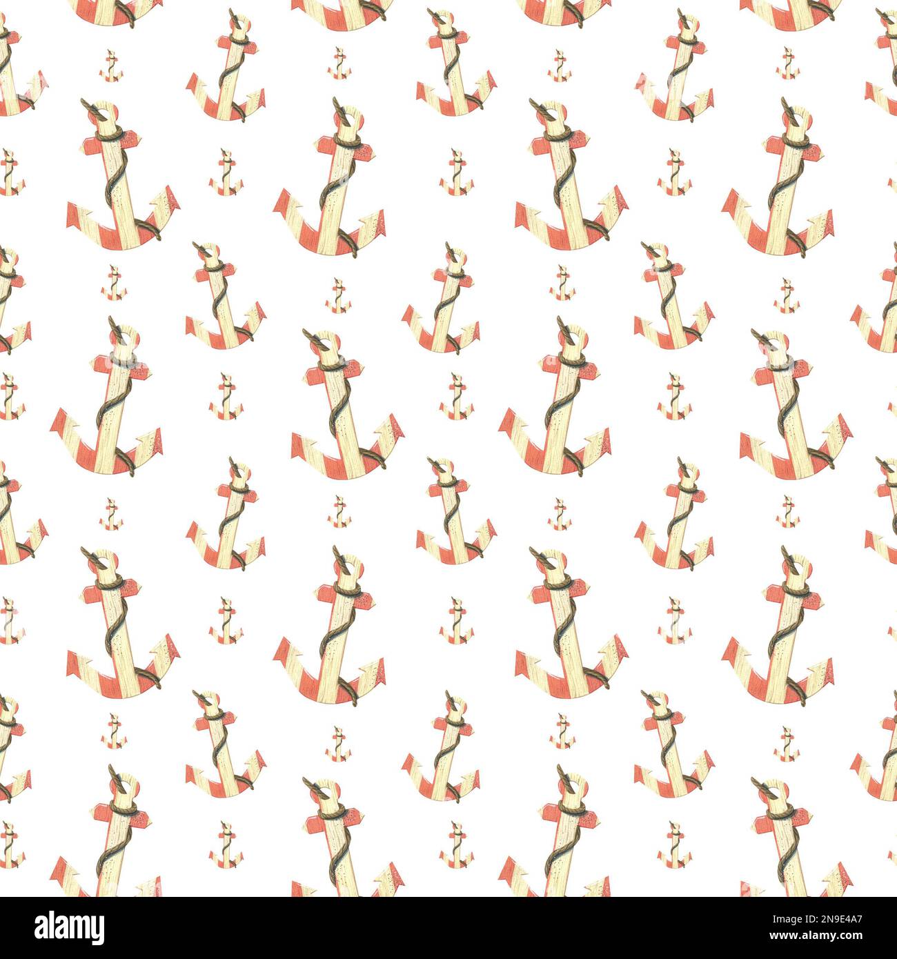Wooden, striped coral-colored anchors with rope. Watercolor ...