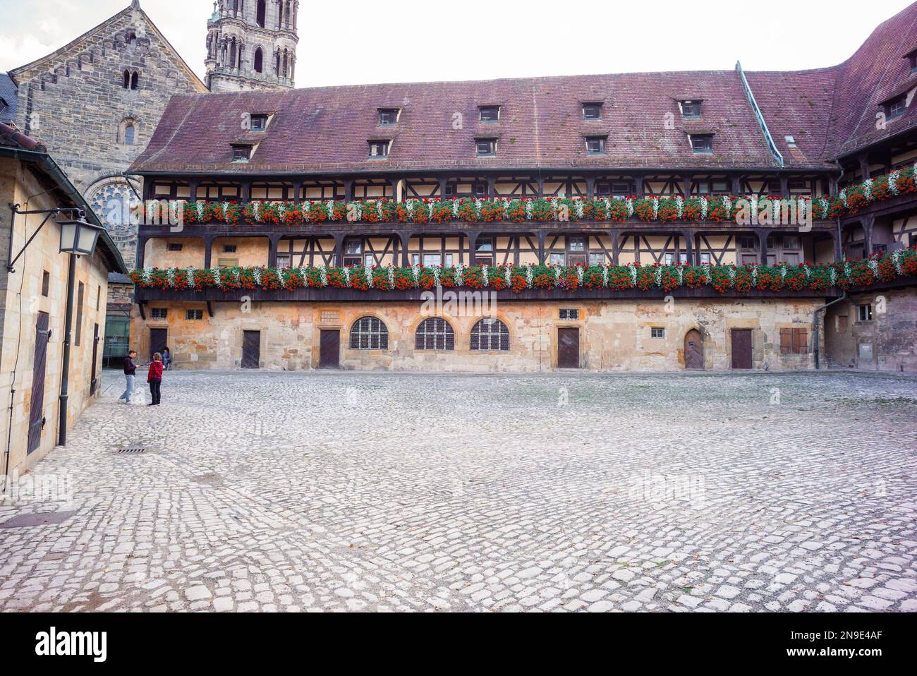 A scenic shot of the old court in Bamberg and the paved area in front ...