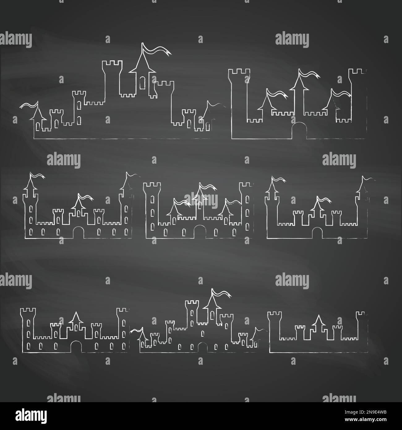 Set of Fantasy castles chalk silhouettes for design. Isolated on grey ...