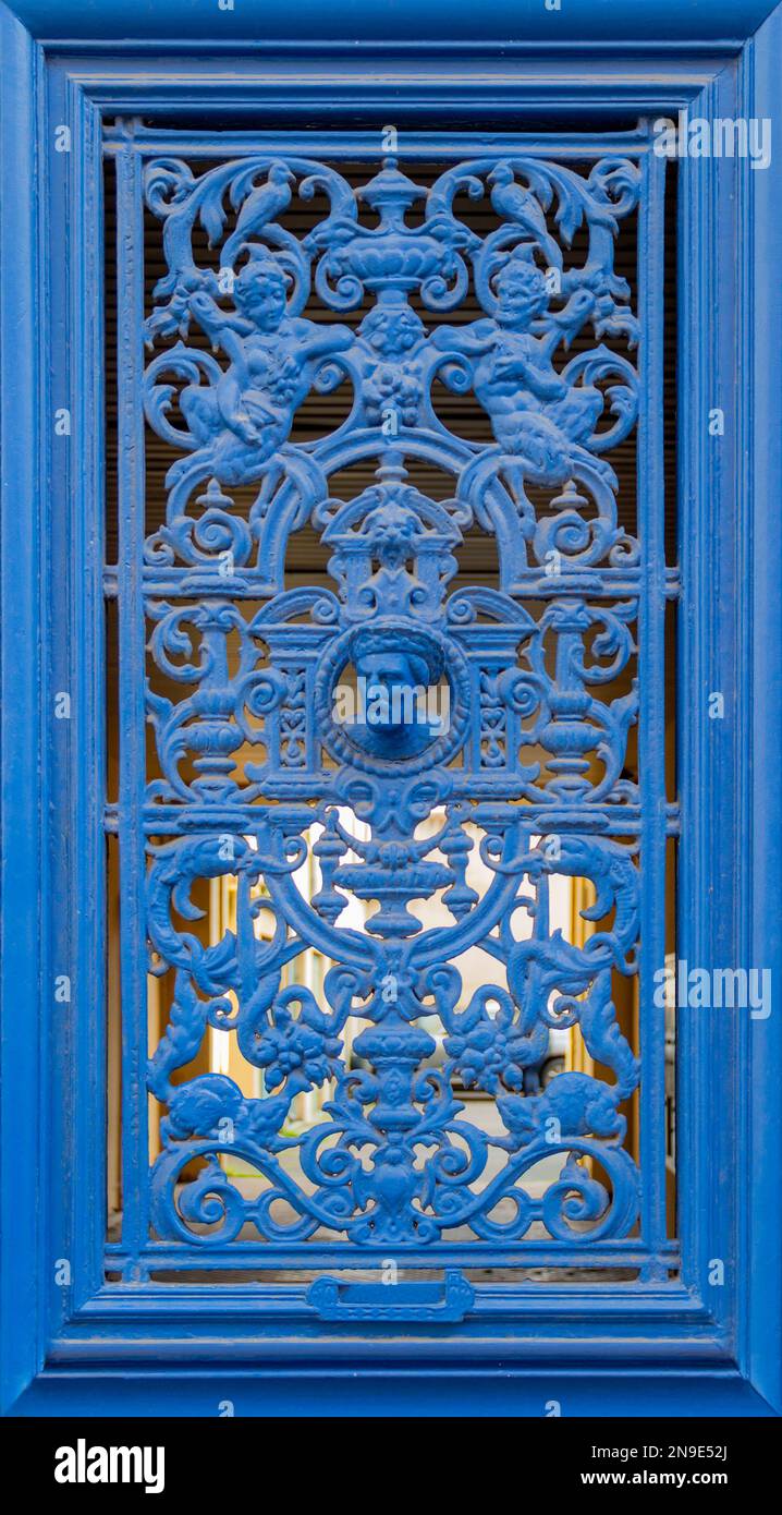 Historic blue cast iron window grille seen in Metz, a city in the ...