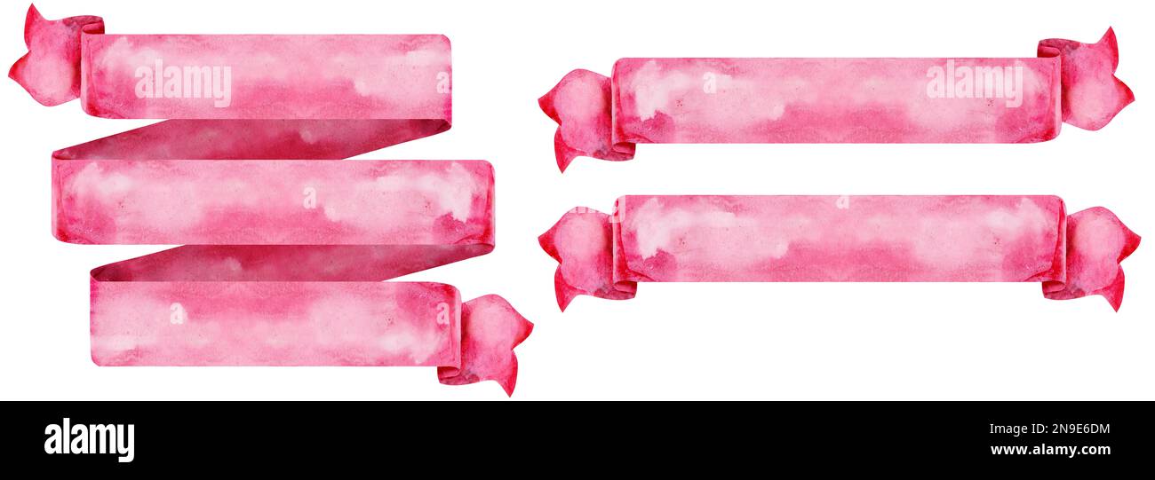 Watercolor hand drawn illustration. Set of waving pink ribbons Stock ...