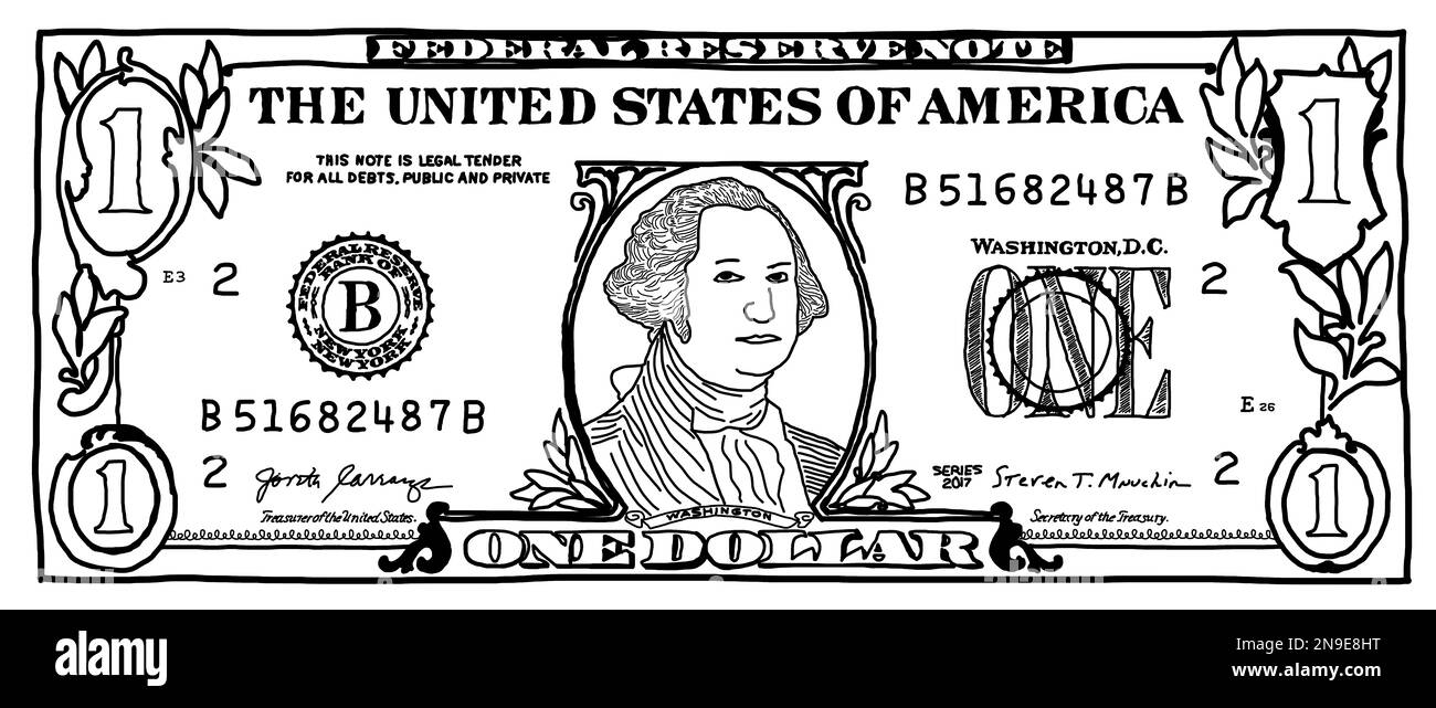 Cartoon hand drawn 1 dollar banknote for design purpose Stock Photo - Alamy