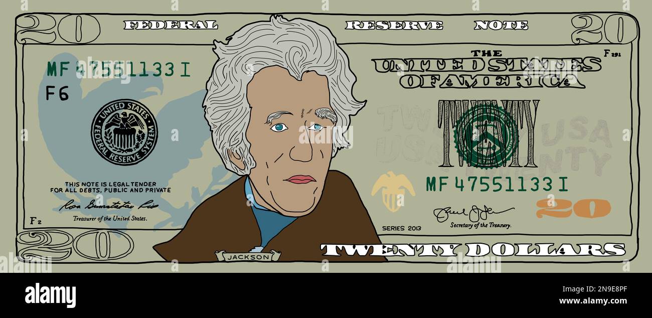 Cartoon hand drawn colorized 20 dollar banknote for design purpose ...