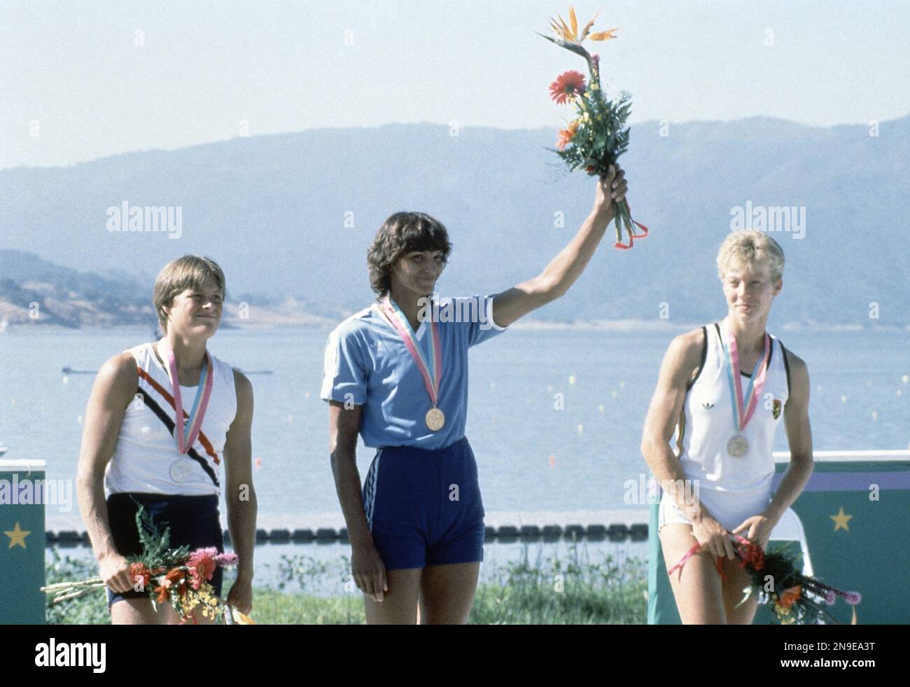L-R: America's Charlotte Geer (bronze); Romania's Valeria Racila (gold ...