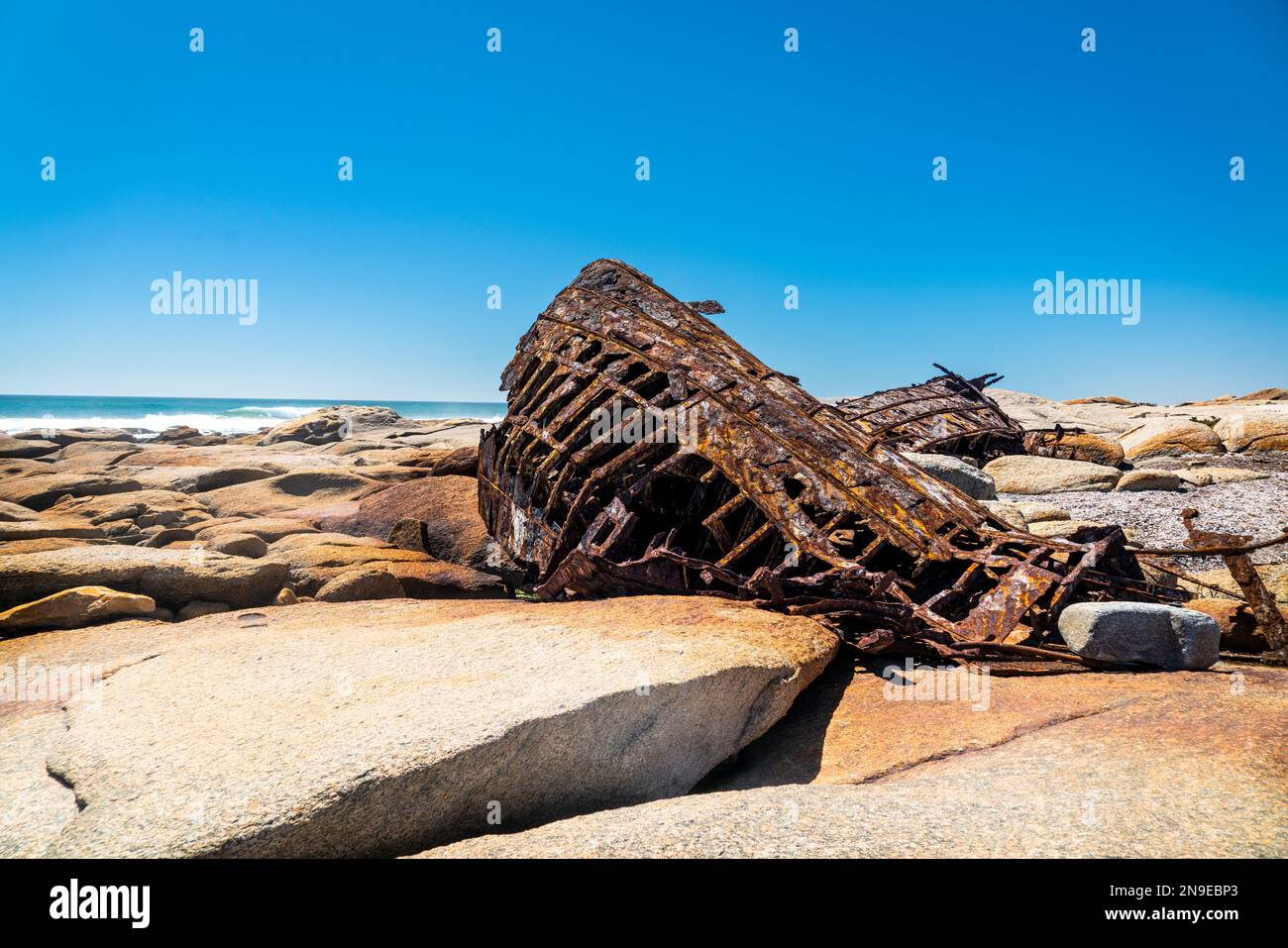 The wreck of the Aristea lies on the rocks on the Atlantic Ocean coast ...