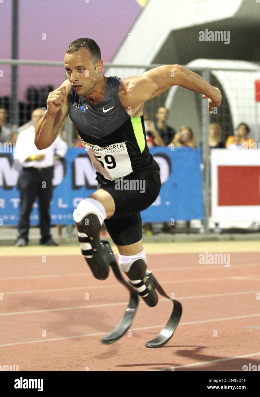 Double-amputee sprinter, South African Oscar Pistorius, competes in a ...