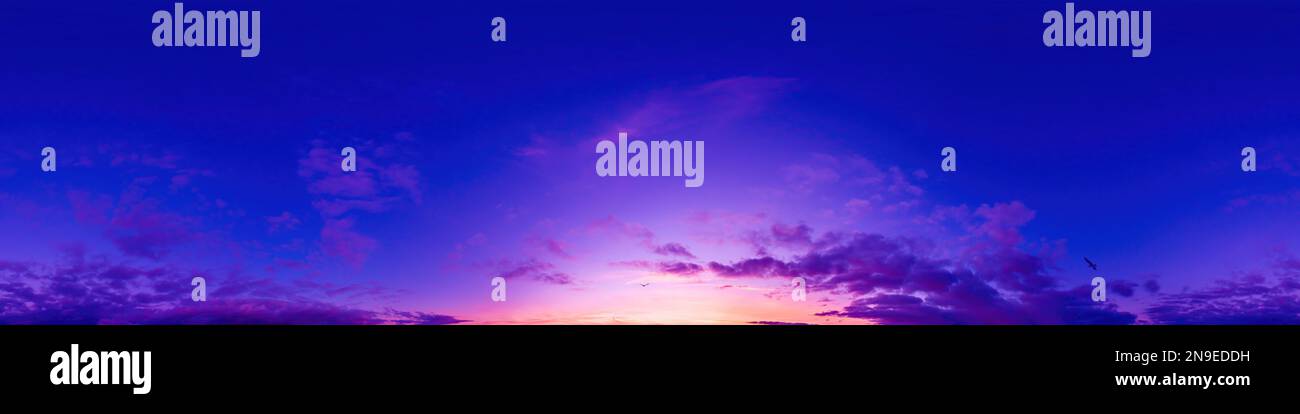 Dark blue magenta twilight sky panorama with Cumulus clouds. Seamless ...