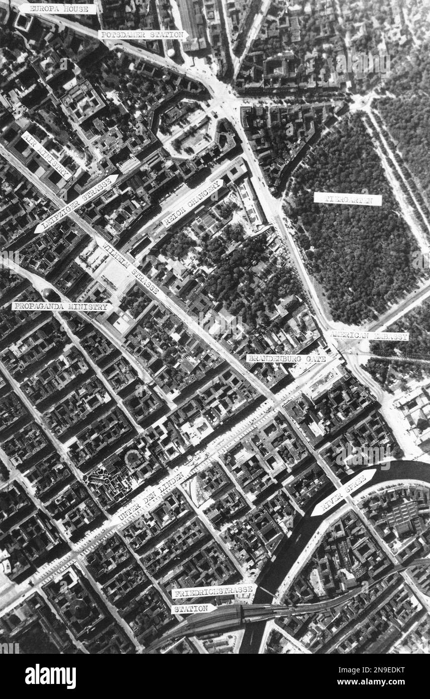 Aerial view of the center of Berlin after RAF bombs hit it in March ...