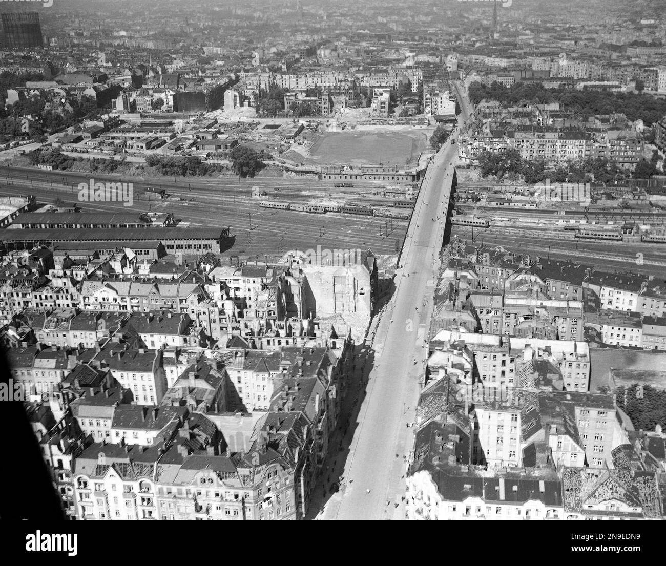 Air view of the damaged railroad yards around Anhalter station, largest ...