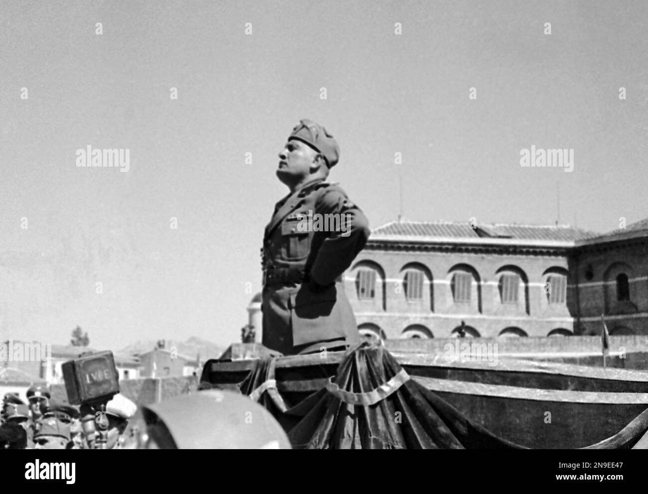 Italy's Prime Minister Benito Mussolini speaking to troops during a ...