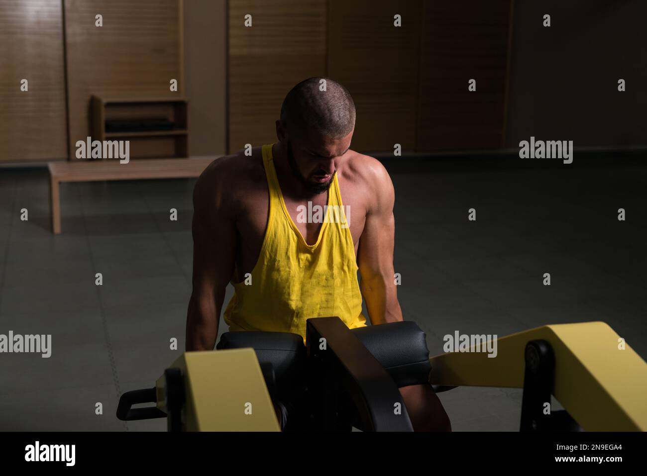 A Muscular Fitness Bodybuilder Doing Heavy Weight Exercises In Gym ...