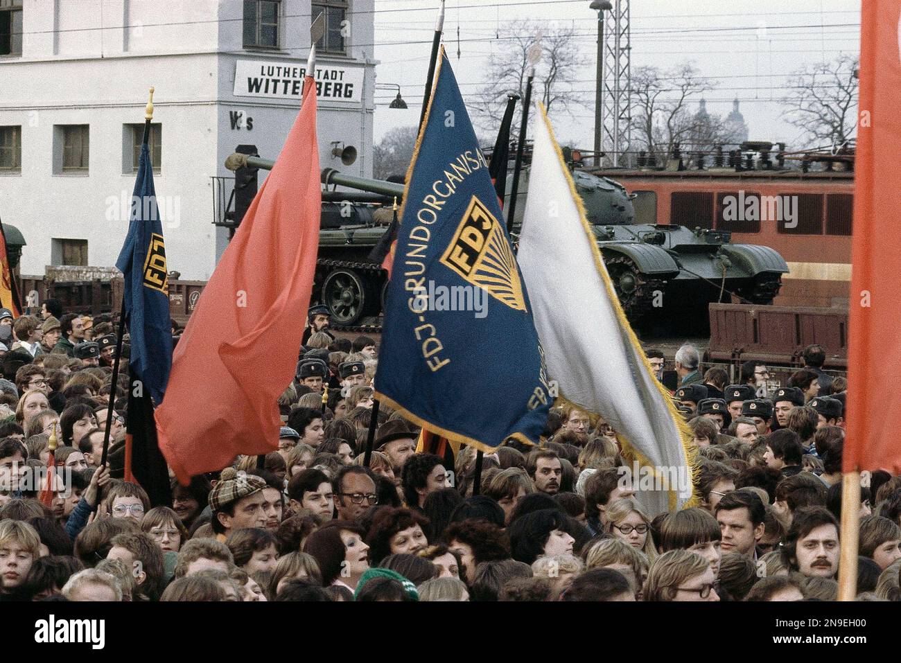 A Soviet tank division stationed in the historic East German town of Wittenberg, Germany in 1980 ...