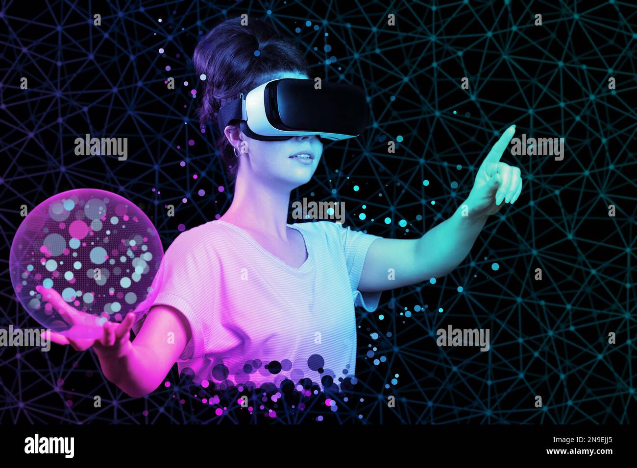 Collage of digital contemporary technology. Portrait of young woman in ...