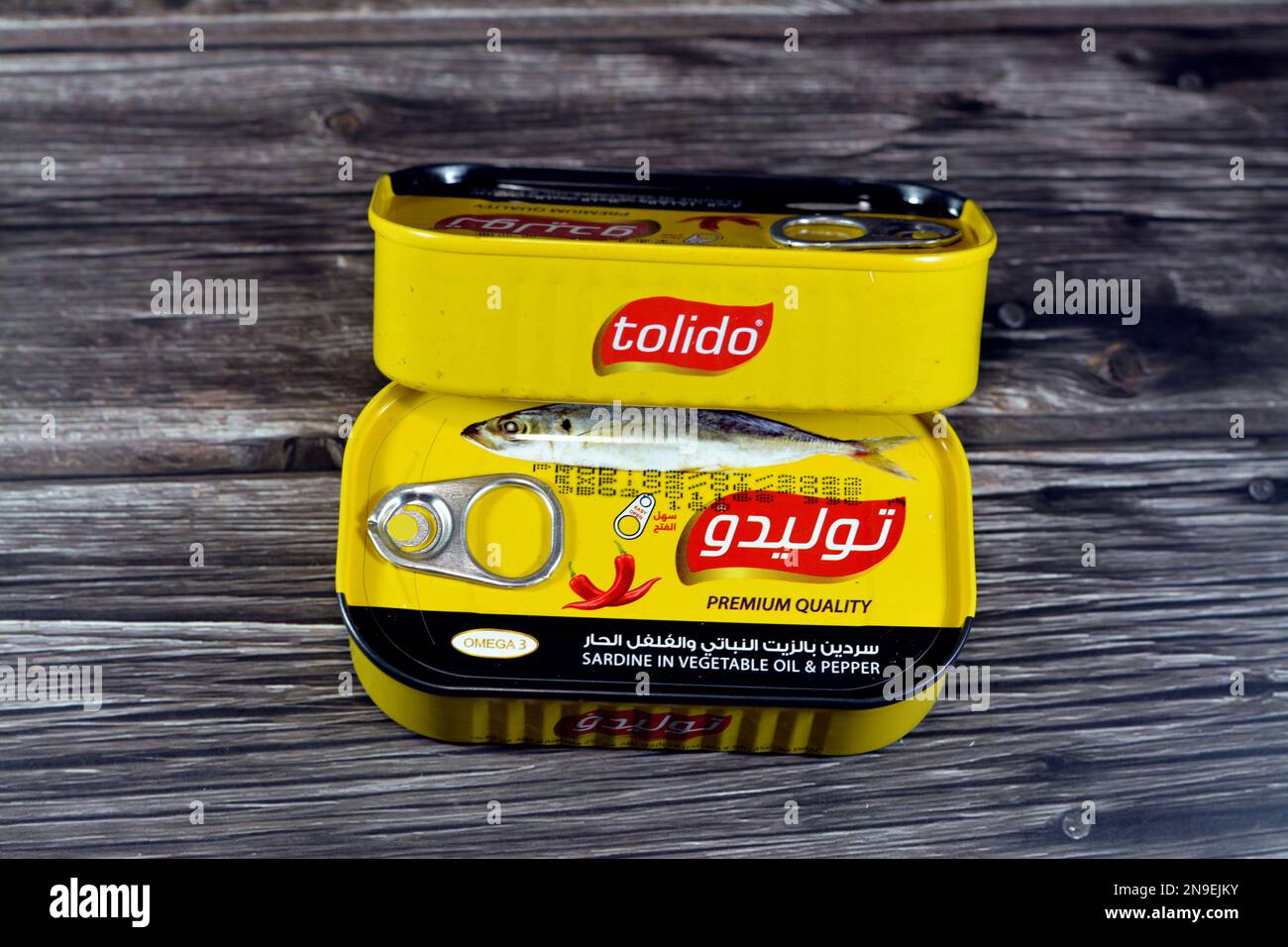 Cairo, Egypt, February 9 2023: Canned Tolido Sardines in vegetable oil ...