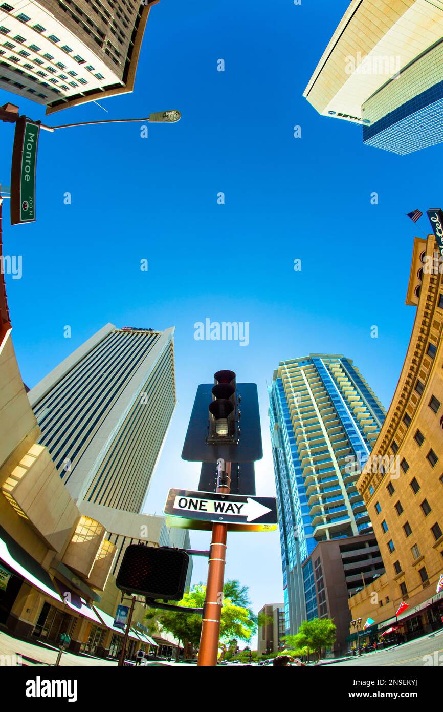 PHOENIX, USA - JUNE 14: perspective of skyscrapers corner San Carlos ...