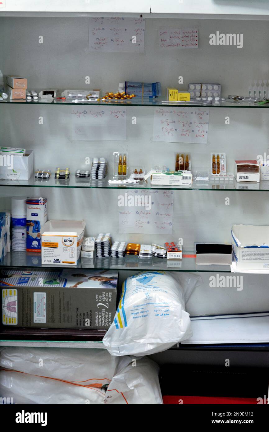 Cairo, Egypt, February 11 2023: A metal drug drawer in a medical center ...