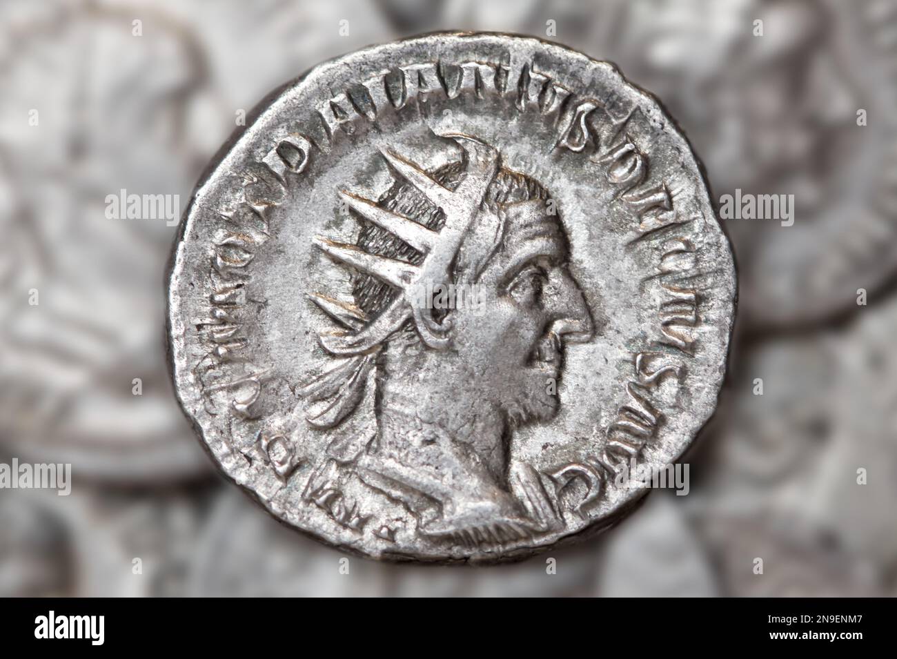 Ancient Roman coin showing the face of the emperor Trajan Decius ...