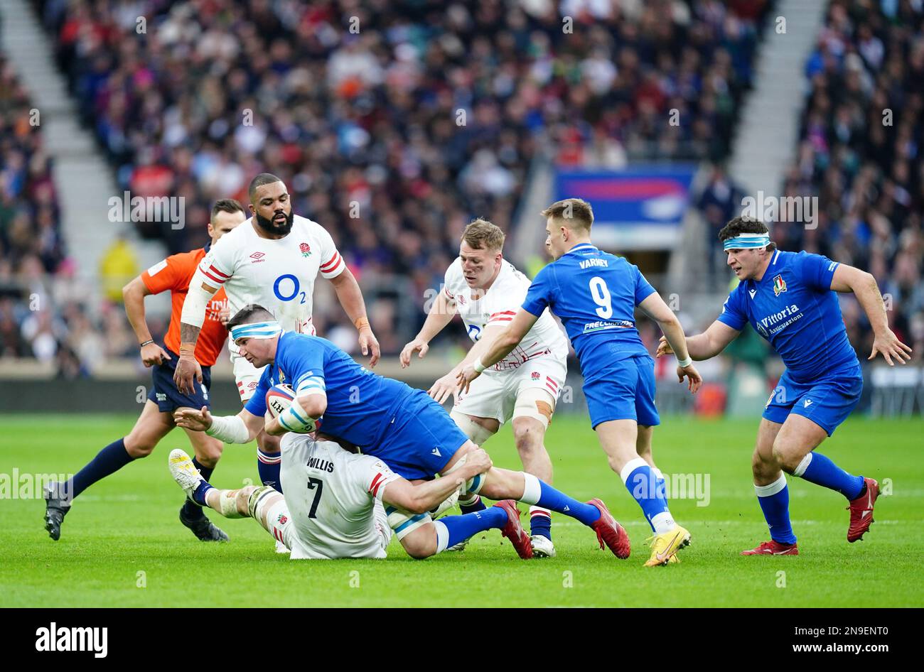 Italy's Sebastian Negri tackled by England's Jack Willis during the ...