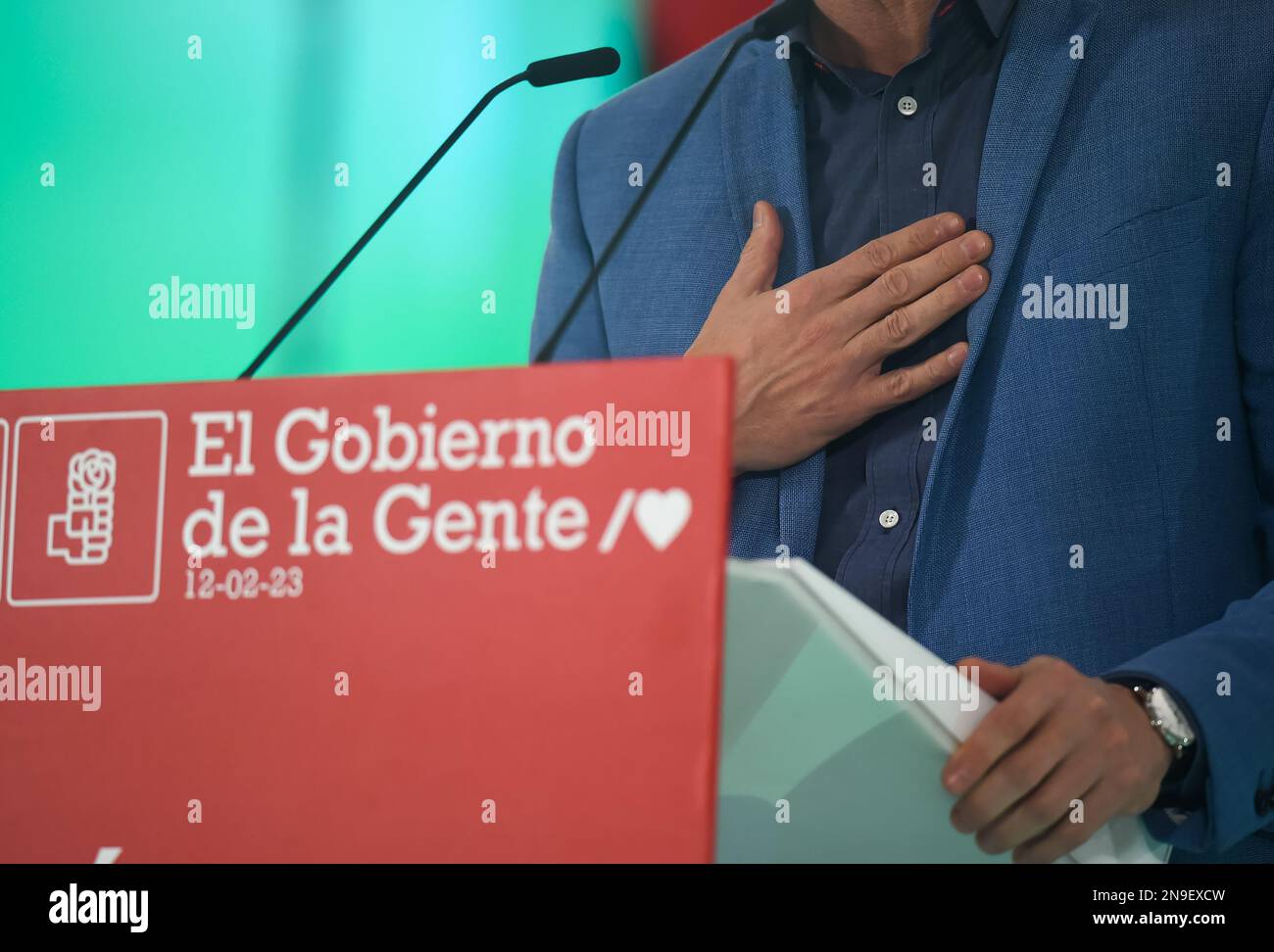 Malaga, Spain. 12th Feb, 2023. The hand of President of the Spanish ...