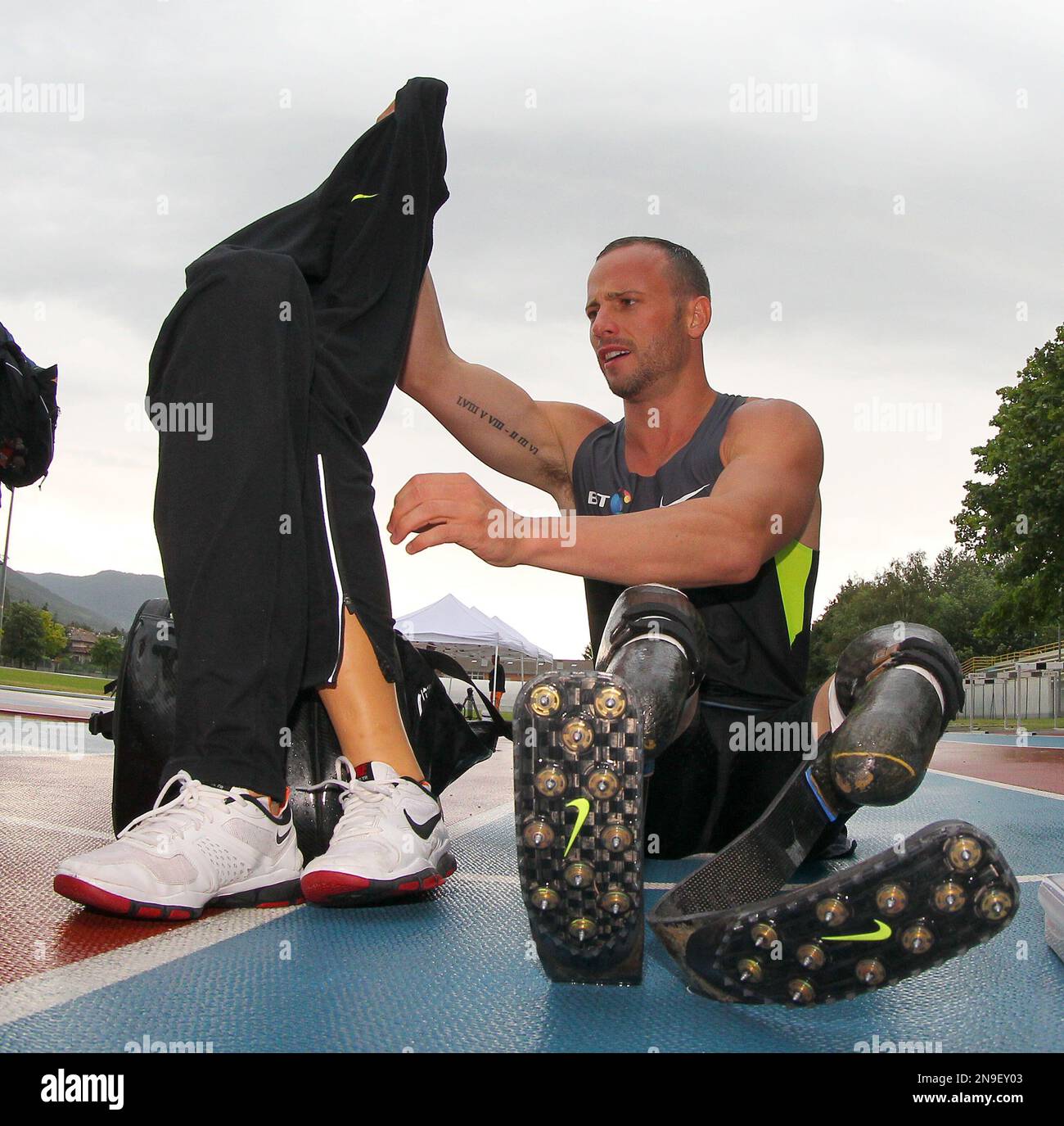 Double-amputee sprinter, South African Oscar Pistorius, prepares for a ...
