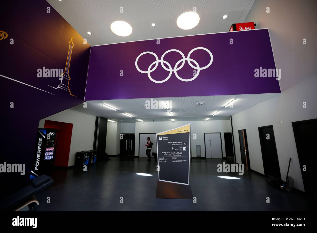 Olympic rings are seen in an entrance to the largest gym space in the ...