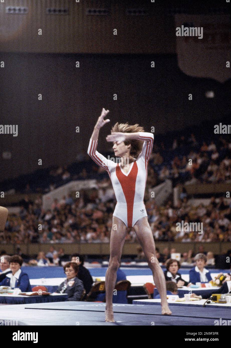 Romanian gymnast, Nadia Comaneci during the all-around gymnastic ...